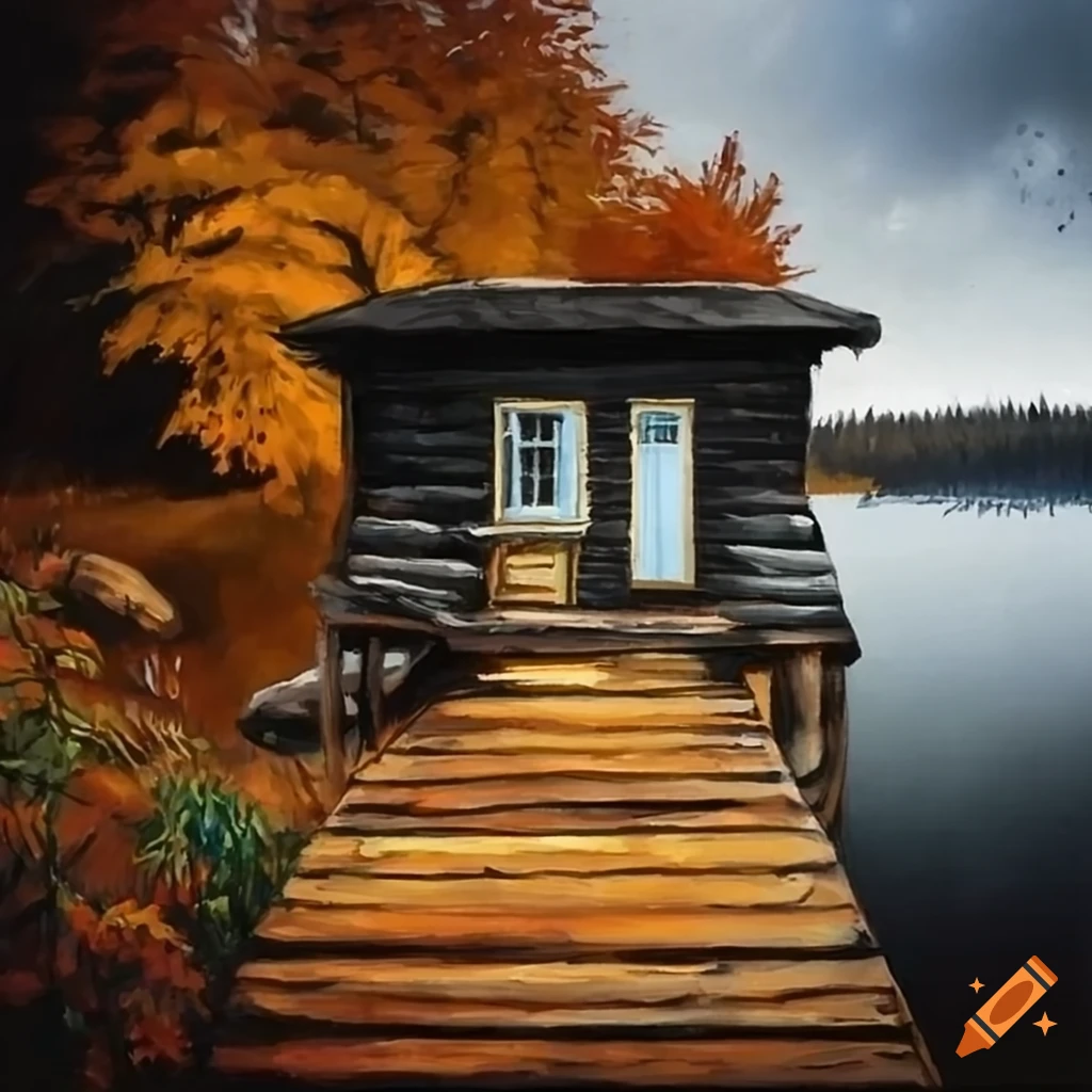 Painting of a cabin by a mountain lakeside in autumn rain