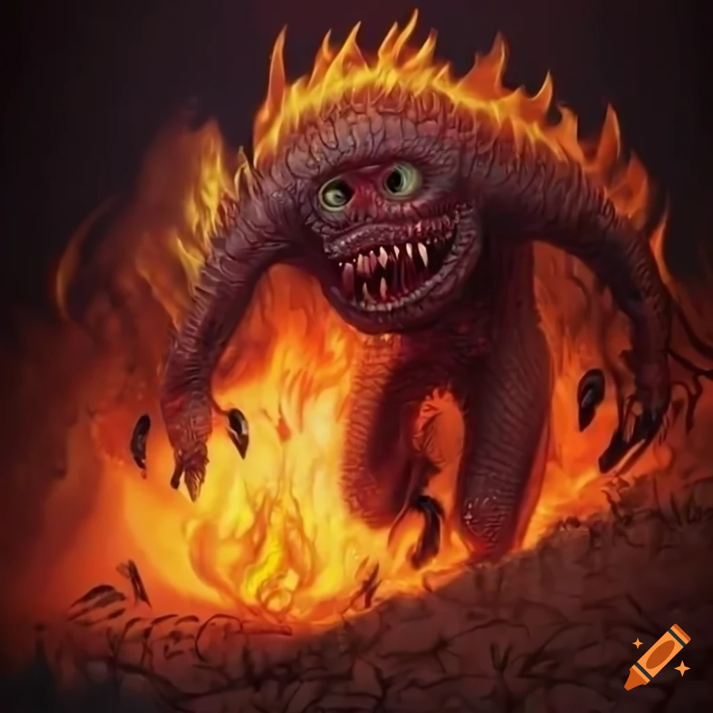 Illustration of a monster emerging from flames on Craiyon