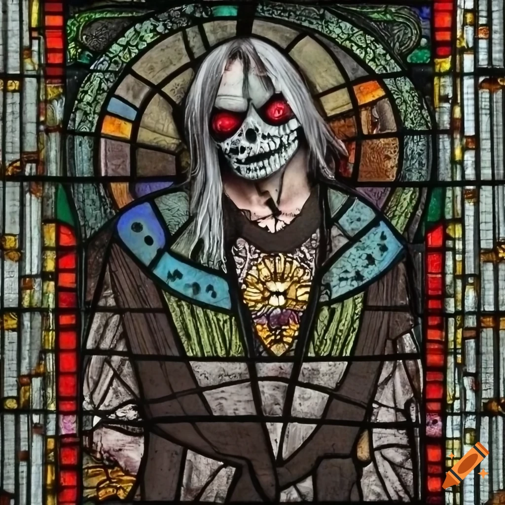 Stained glass depiction of an undead man in black robe