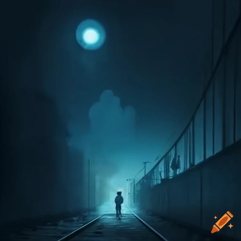 Young boy traveling alone on a train at night on Craiyon