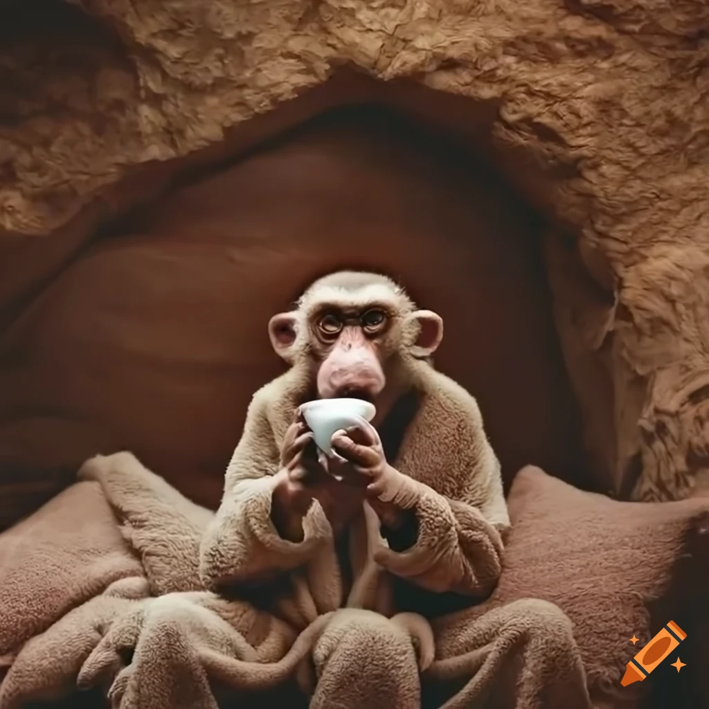 Ape in a cozy bathrobe drinking tea on Craiyon