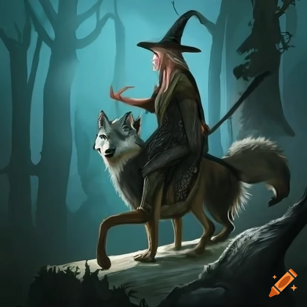 Artwork of a witch riding a wolf