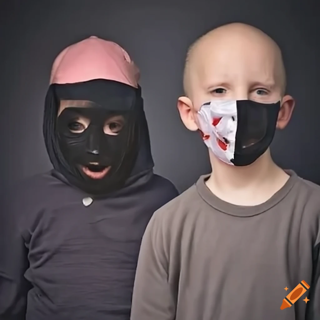 Portrait of a bald man and a young boy wearing masks on Craiyon