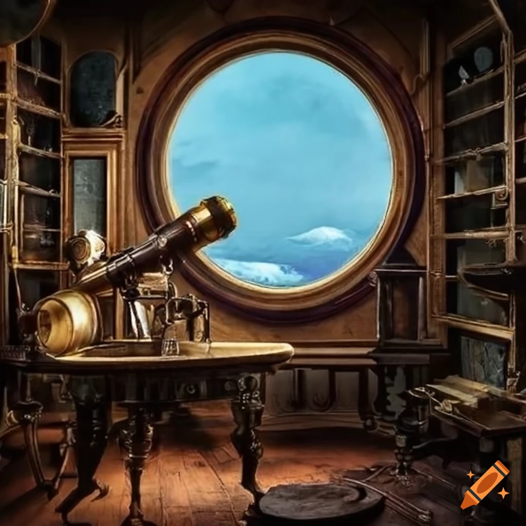 Steampunk astronomer's office with telescope