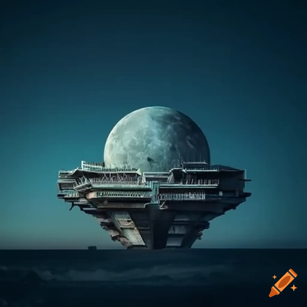 Futuristic moon settlement with brutalist architecture