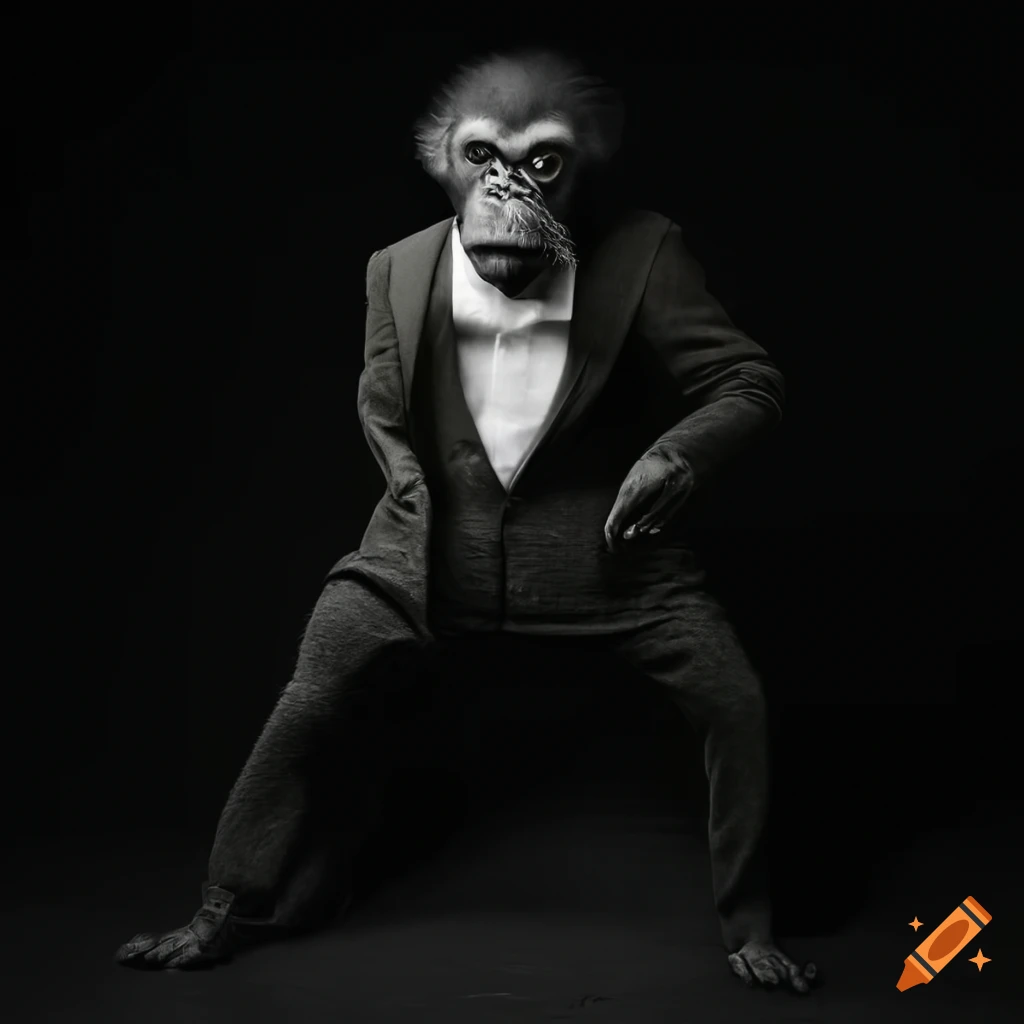 Surreal artwork of a man-ape in a suit defying gravity