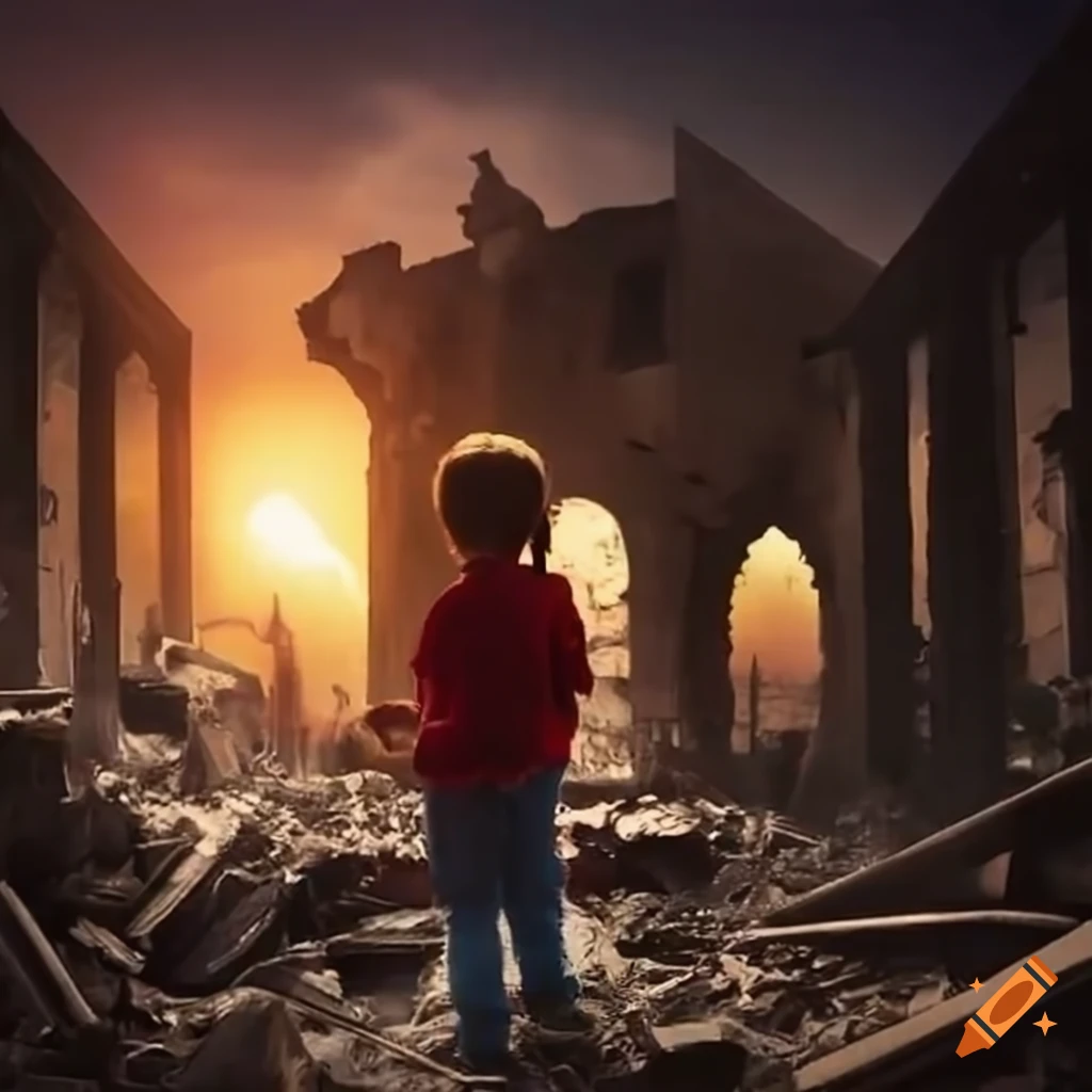 Child witnessing the destruction of their hometown on Craiyon