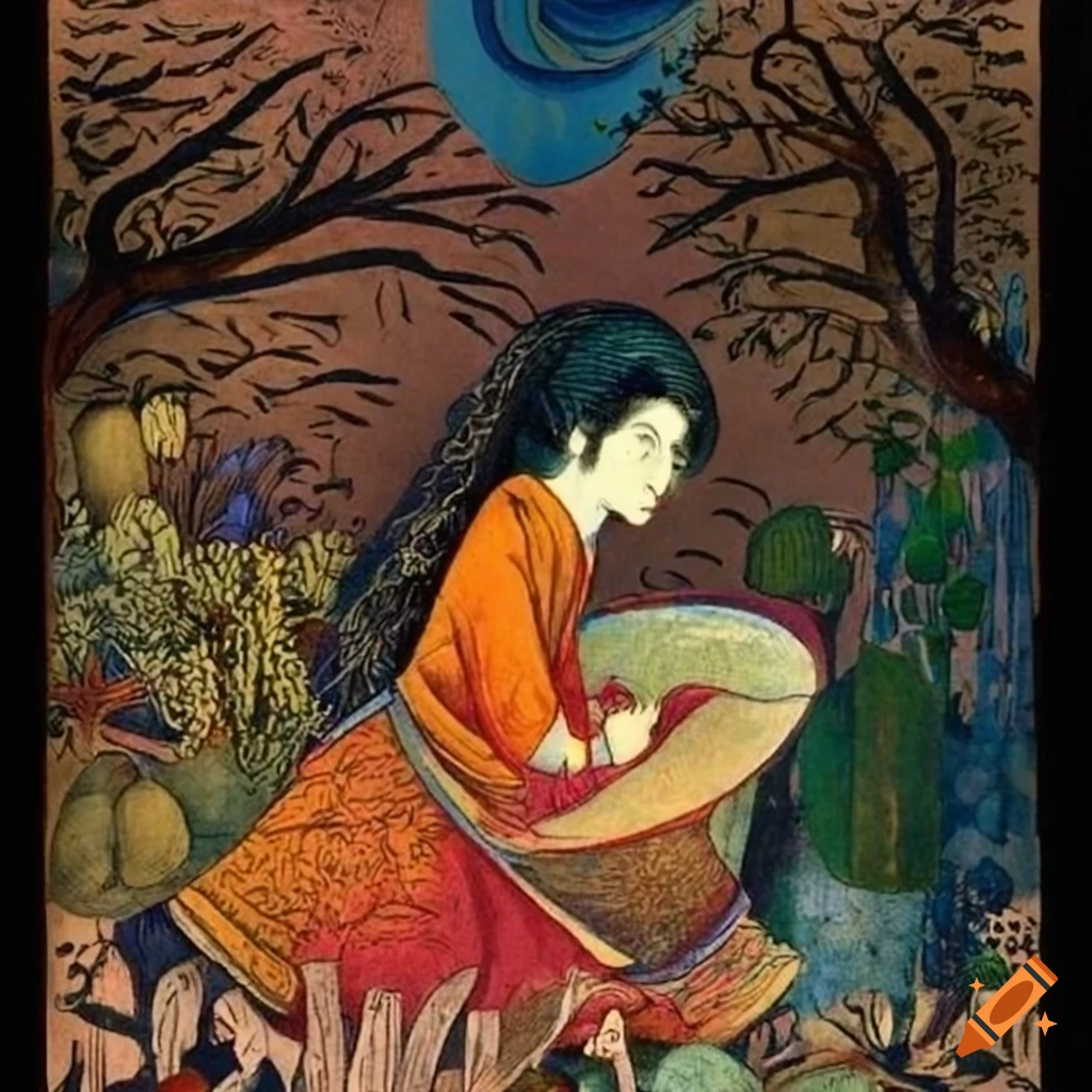 Storybook illustration of a mystical Curandera Raven and elegant Mother ...