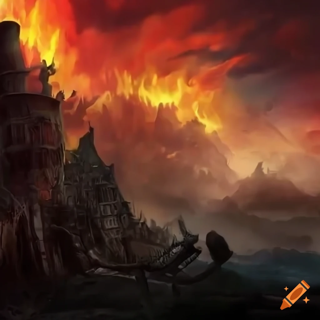 Apocalyptic fairytale illustration with creatures and flames on Craiyon