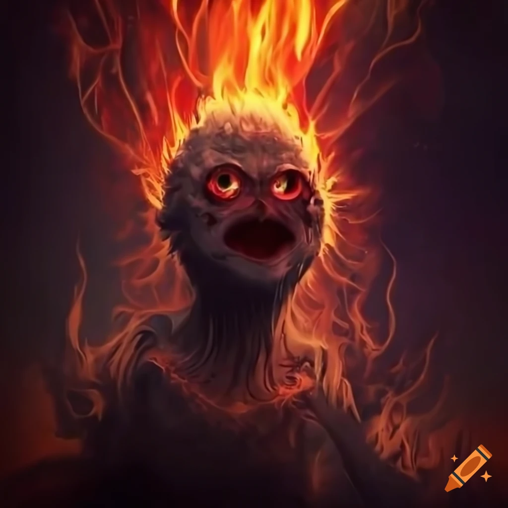 Dystopian creature emerging from flames illustration on Craiyon