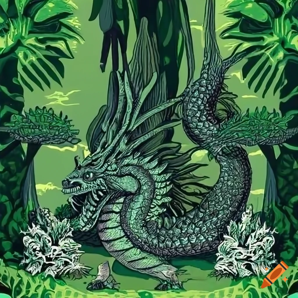 Statue of a dragon in a lush jungle