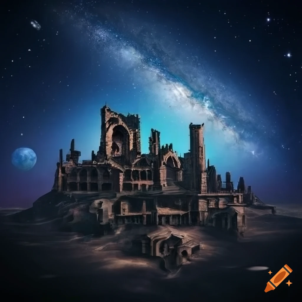 Escher style city ruins on asteroid with milky way in background on Craiyon