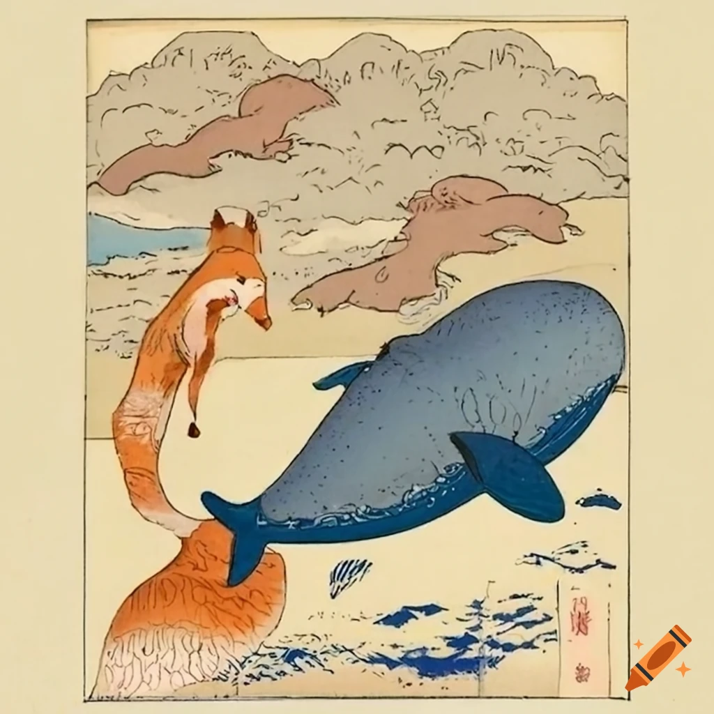 Ukiyo-e style artwork of a fox-whale hybrid on Craiyon