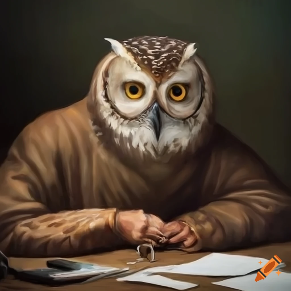 Realistic painting of an owl-man working at a desk on Craiyon