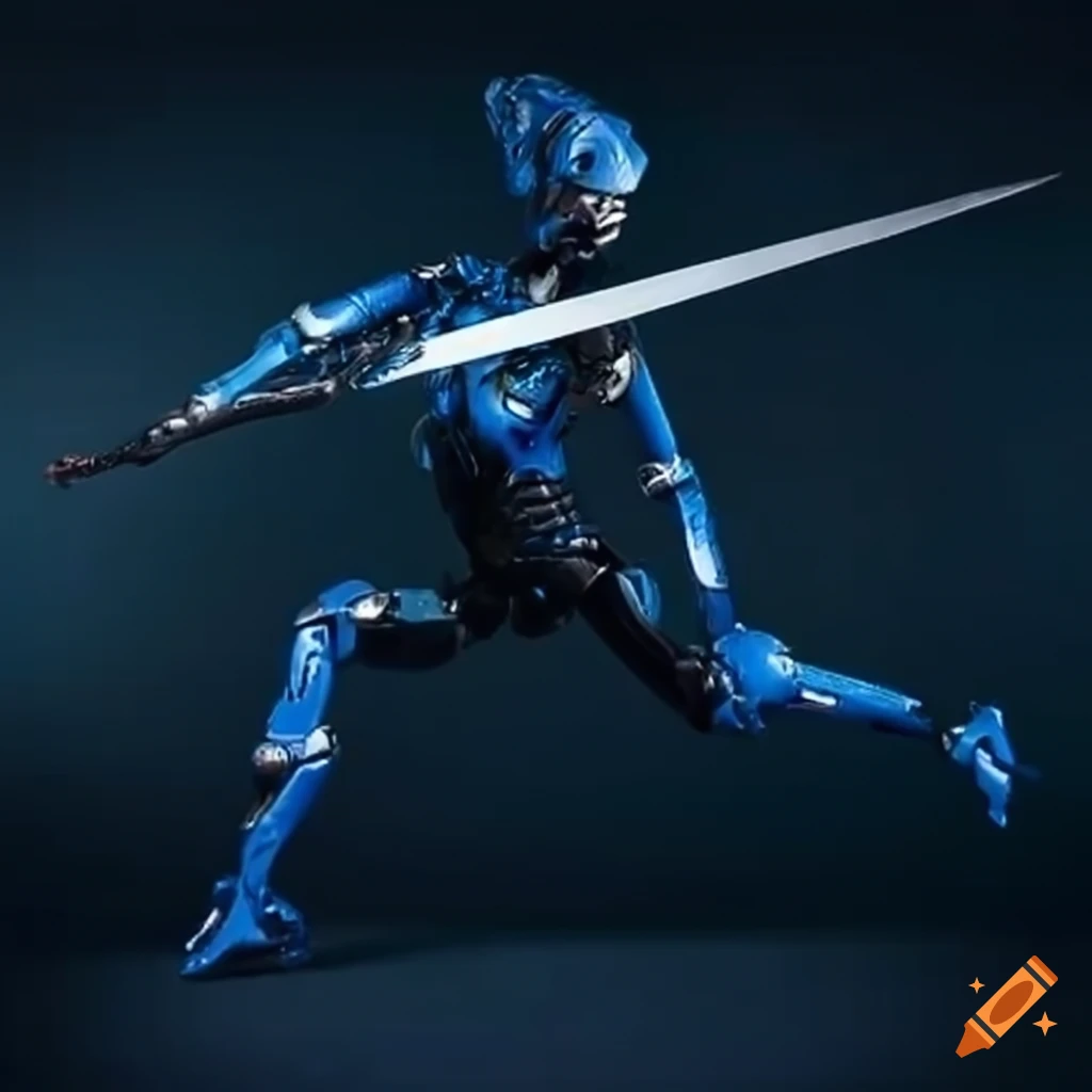 Futuristic blue robot with a sword on Craiyon