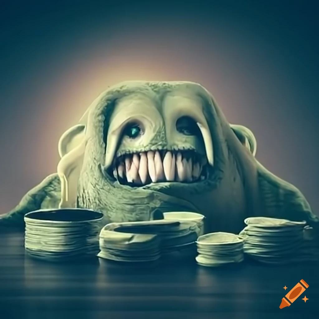 Illustration of a monster devouring stacks of money on Craiyon