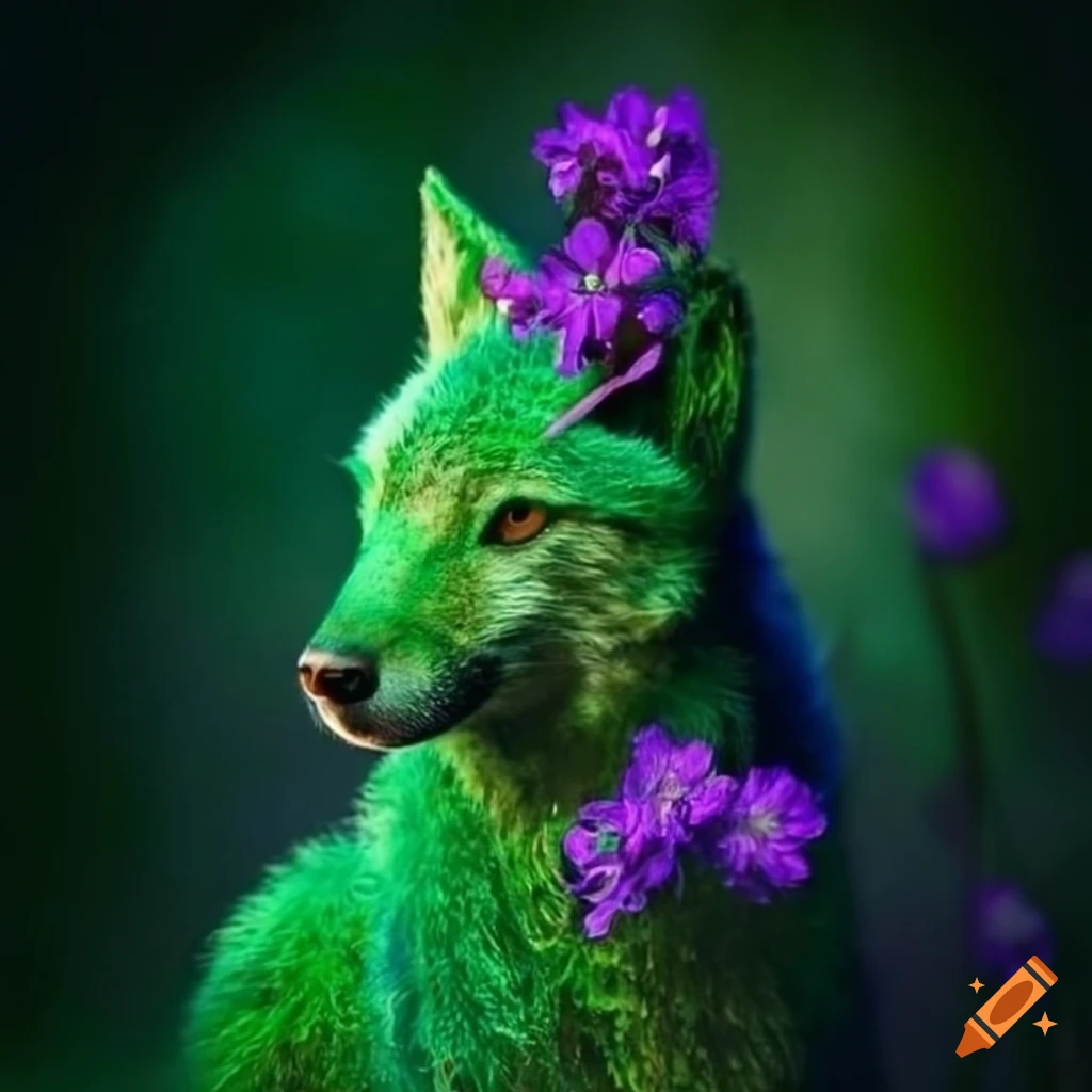 Wolf with moss as skin and purple flowers on its back