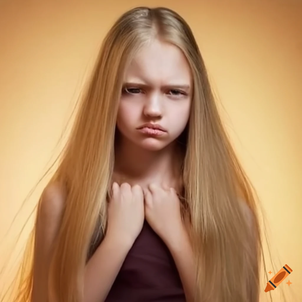Blonde teenage girl with a frown and long hair