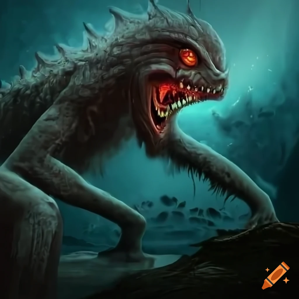 Reaper leviathan creature with tentacles deep dark water glowing eyes ...