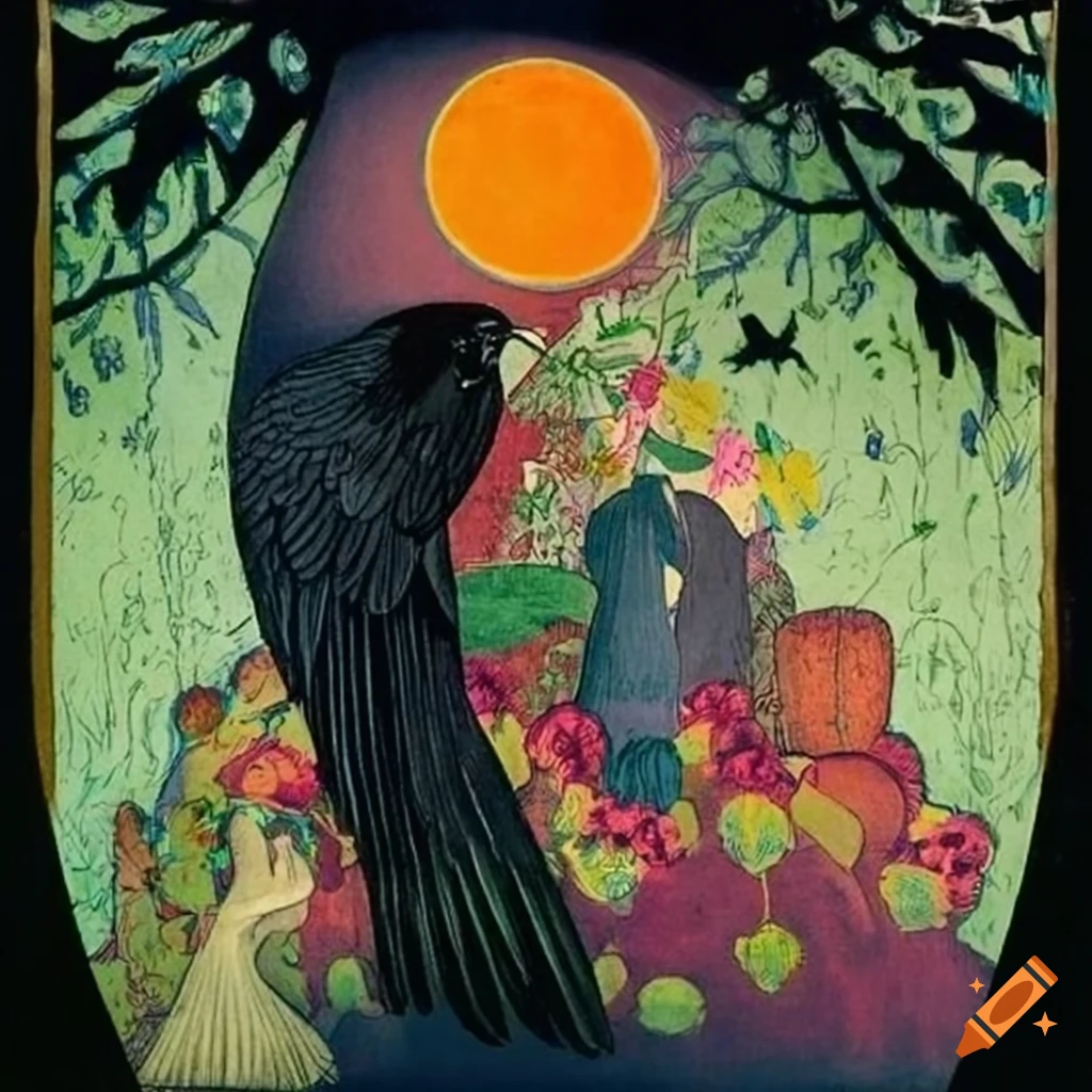 Illustration of mystical curandera raven and elegant mother goose with ...