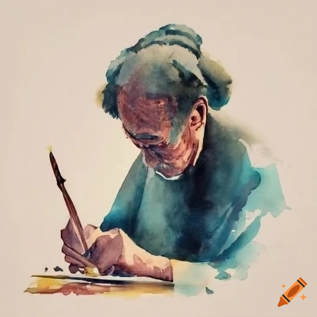 Chinese man practicing calligraphy with quill and ink on Craiyon