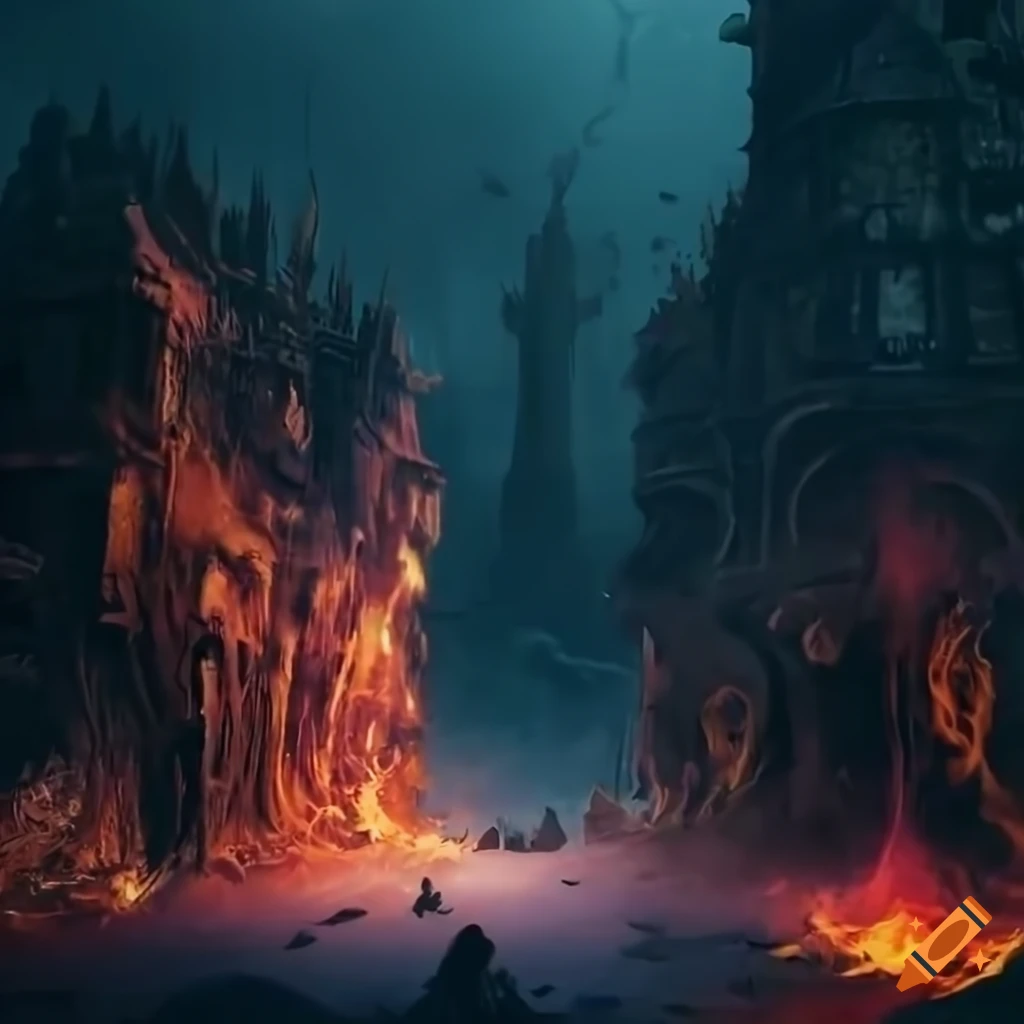 Fairytale illustration of a burning apocalyptic world