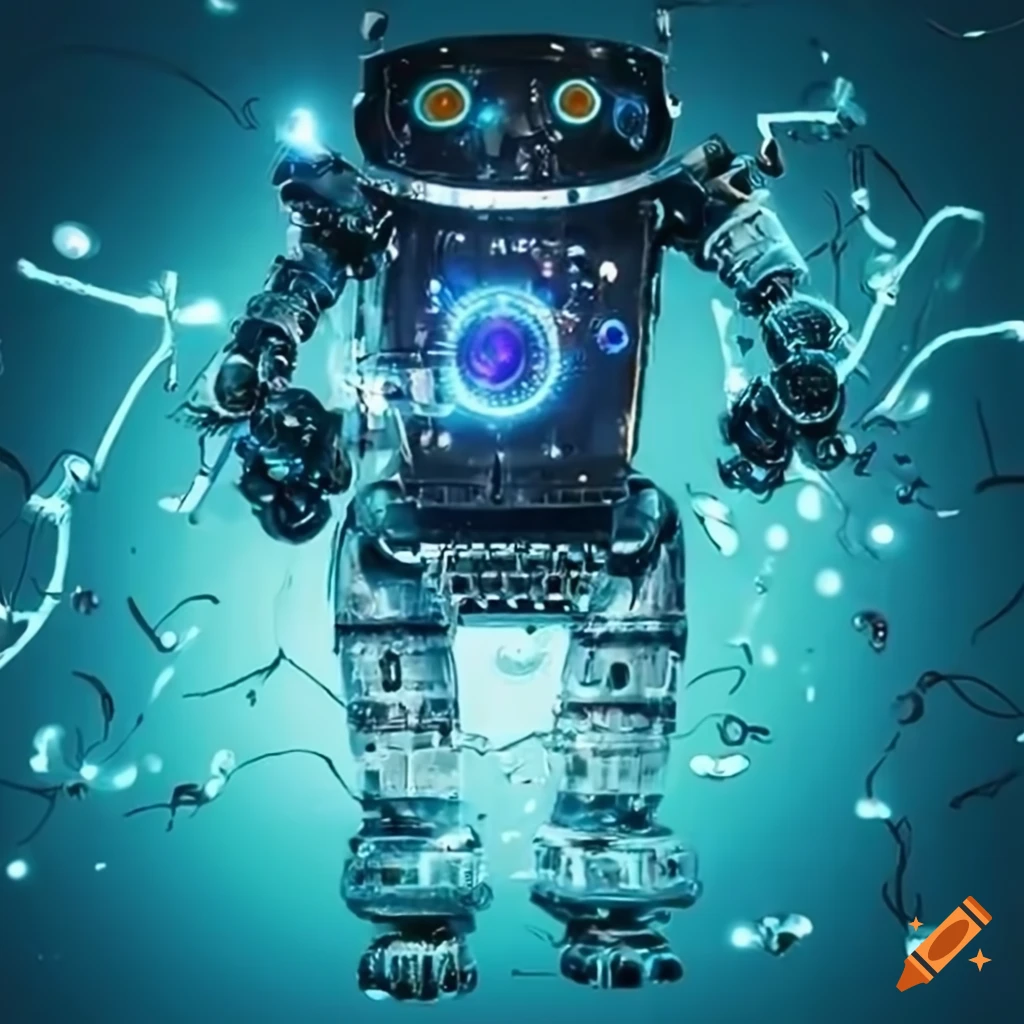 Futuristic robot next to illuminated machine on Craiyon