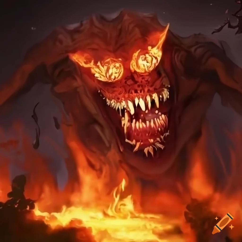 Illustration of a monster emerging from flames on Craiyon