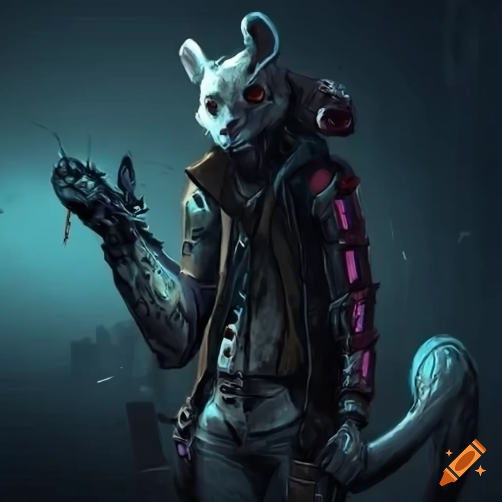 Cyberpunk artwork of an anthro rat crafting with scrap metal on Craiyon