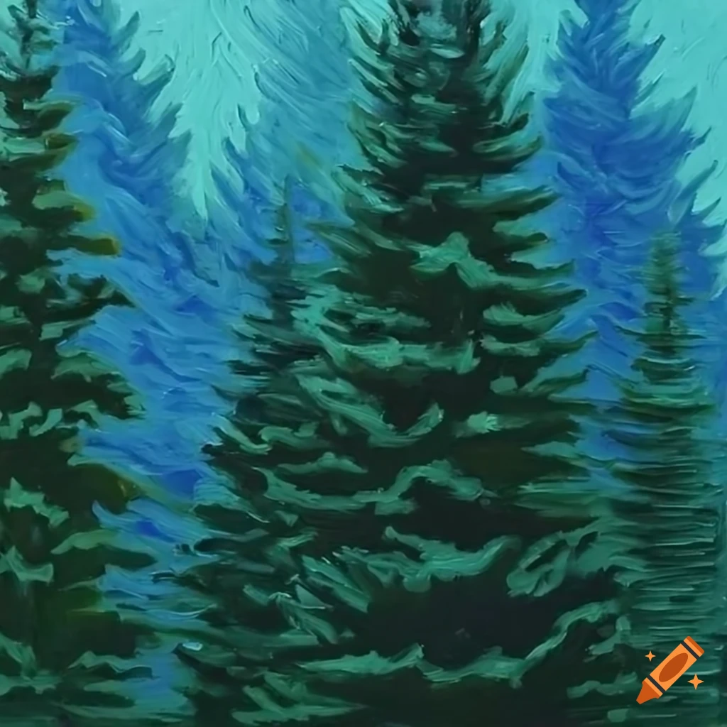 Detailed oil painting of autumn fir trees