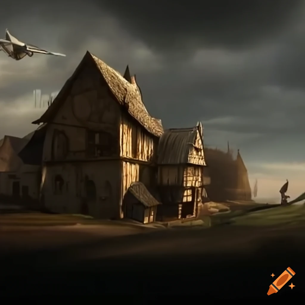 Fighter jet flying over a village on Craiyon