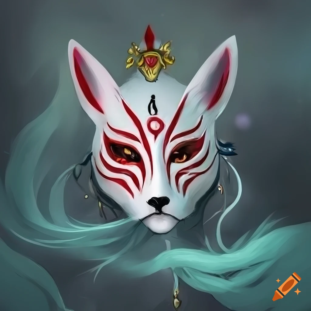 Digital artwork of a mystical kitsune mask on Craiyon