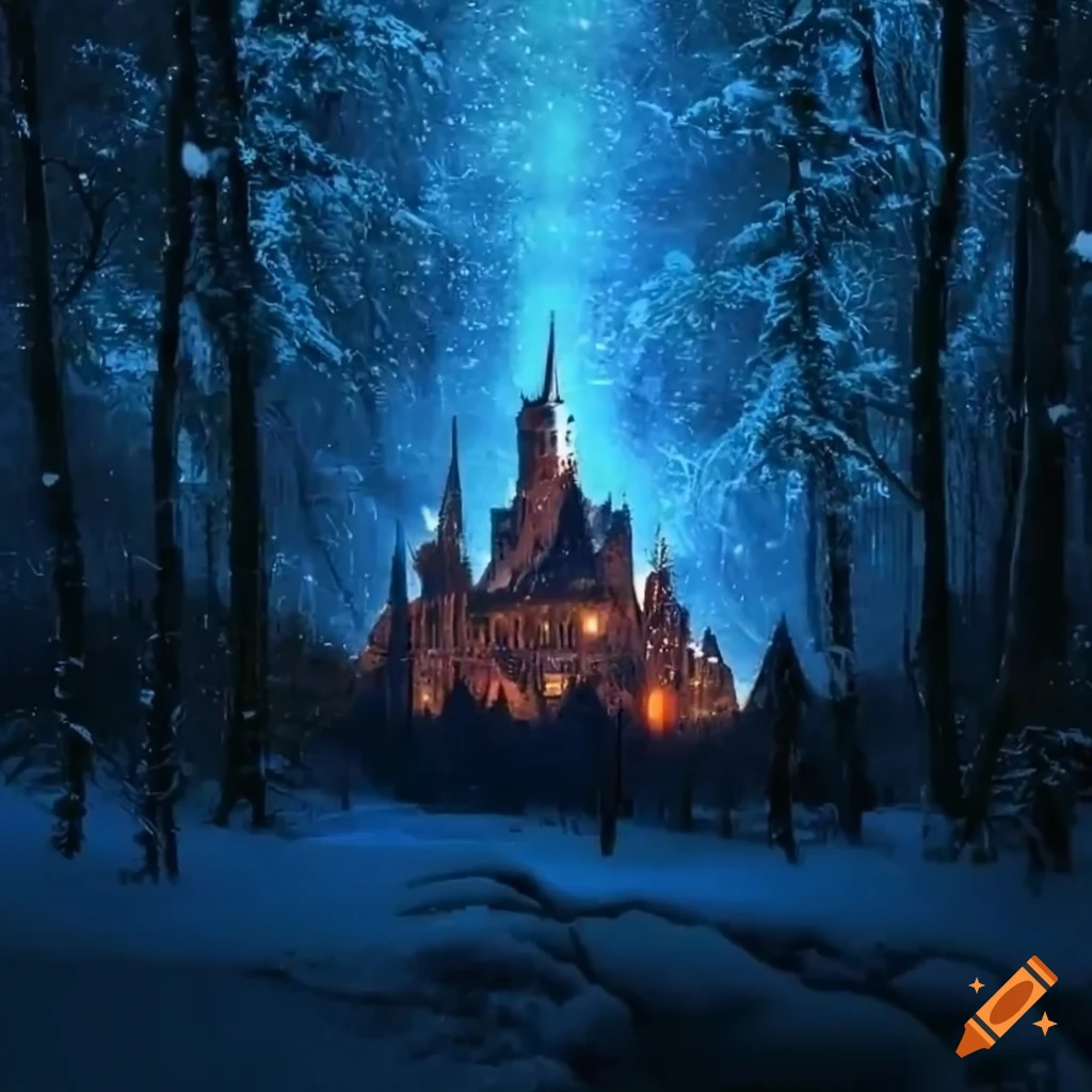 Breathtaking winter wonderland landscape with golden crystal castle ...