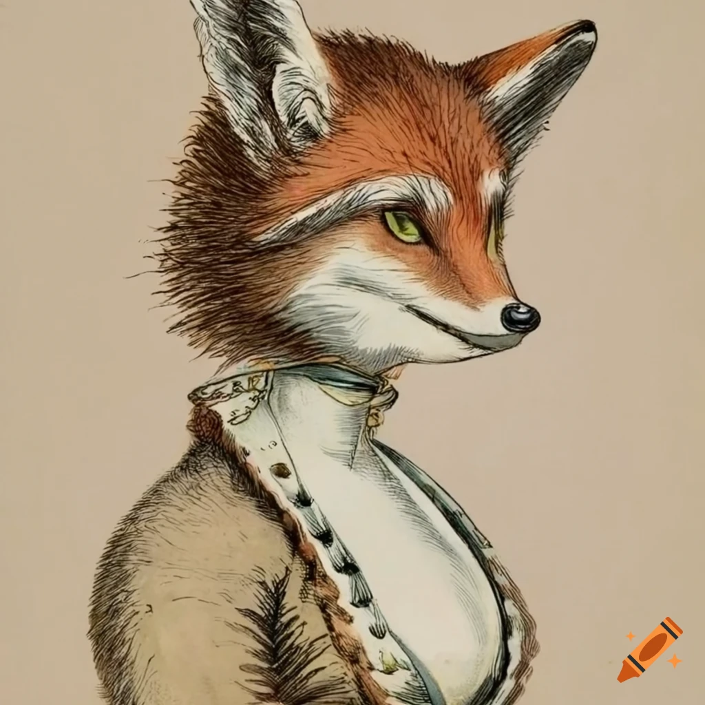 Crosshatched illustration of a fox in 19th century fashion on Craiyon