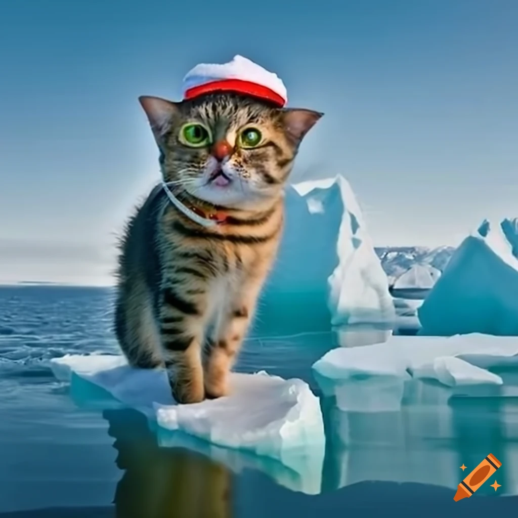Cat exploring a melting iceberg in the ocean on Craiyon
