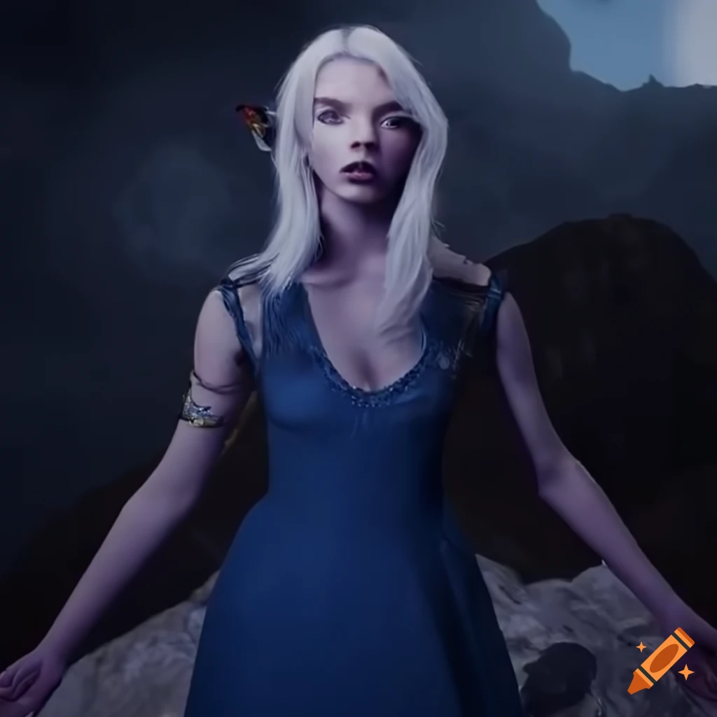 Digital artwork of a dark-blue-skinned drow girl with purple eyes and ...