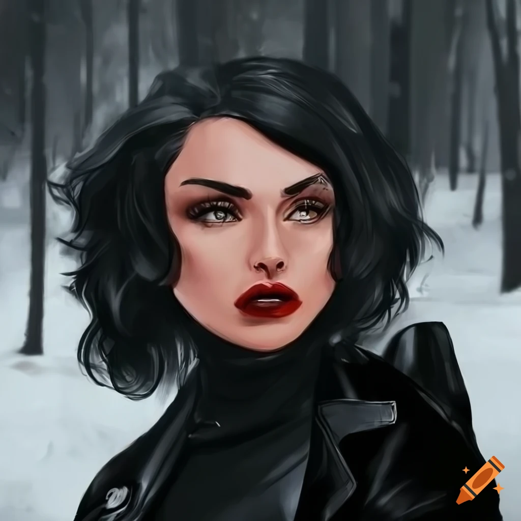 Comic book art of a muscular woman in a black leather coat and ...