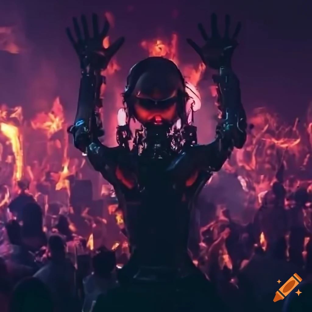 Cyborg DJ performing for robots in a dark club on Craiyon