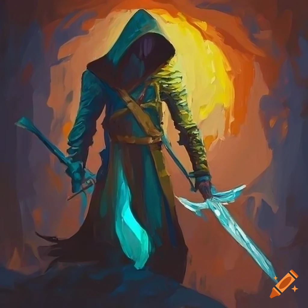 Knife palette painting of a hooded assassin with electric and fire ...