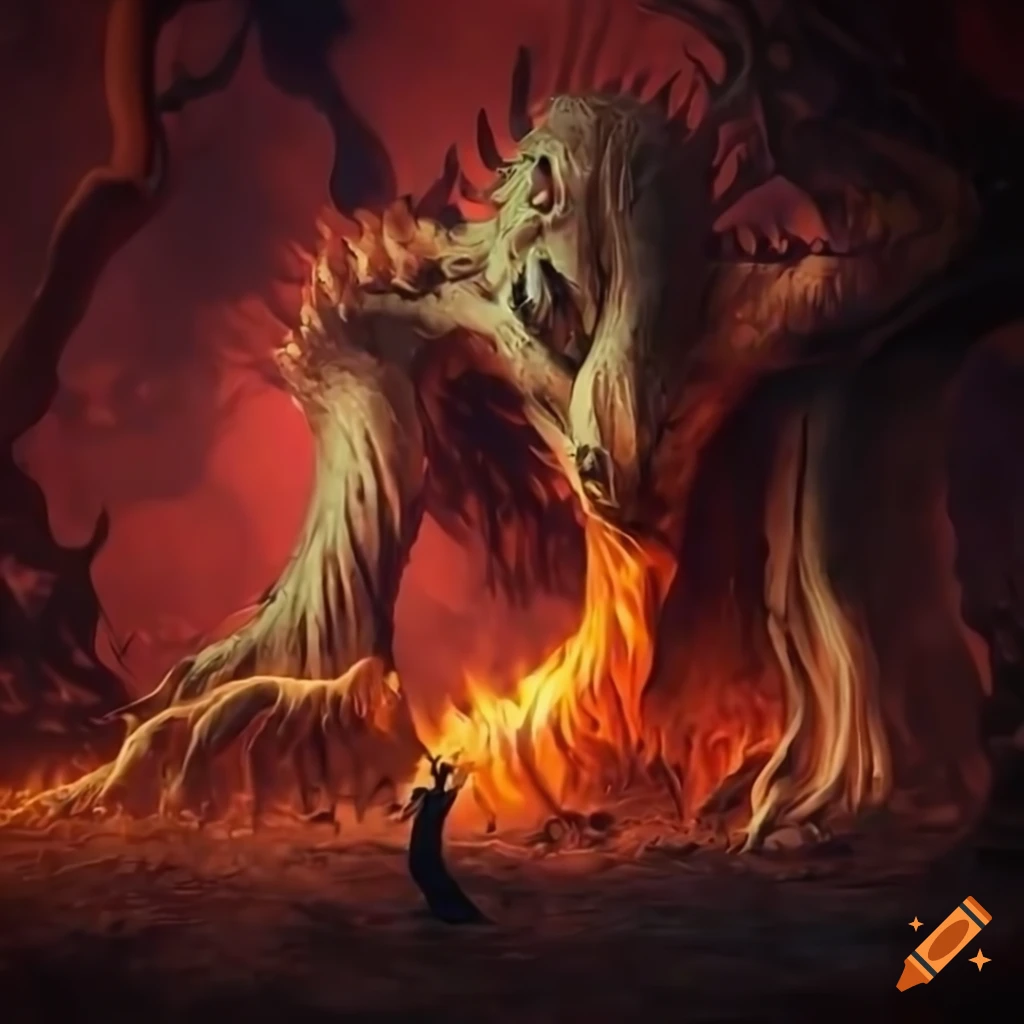 Illustration of a monstrous creature in flames on Craiyon