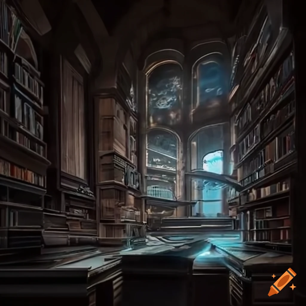 Sci-fi library with floating holographic books on Craiyon