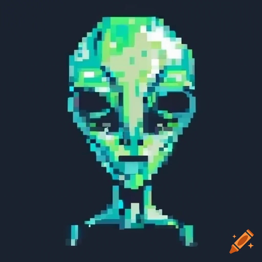 Pixel art of an alien with a bulging head on Craiyon