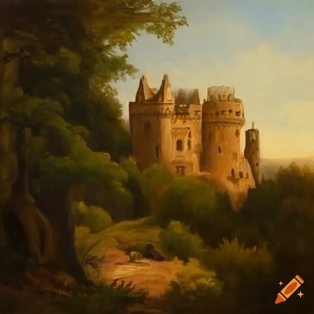 Oil painting of a castle surrounded by olive trees on Craiyon