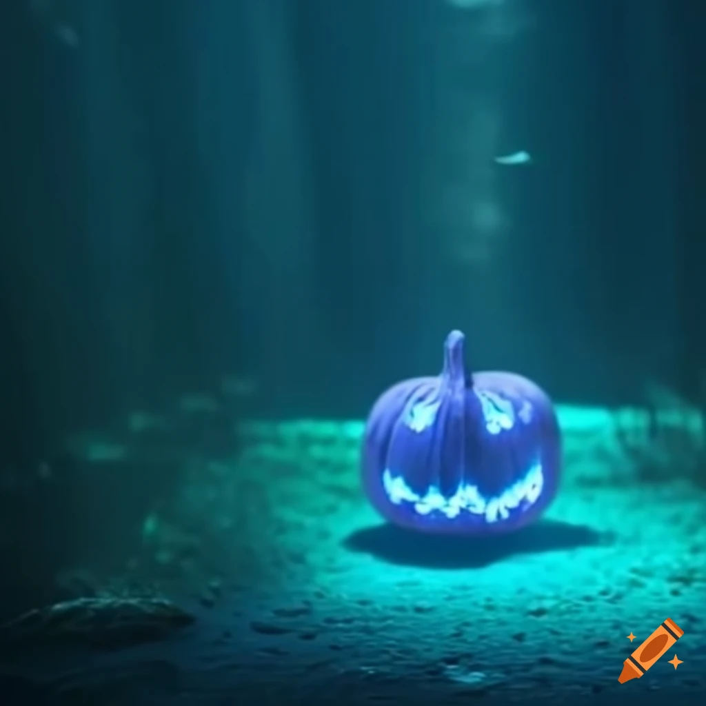 Pumpkin glowing under eerie underwater lighting