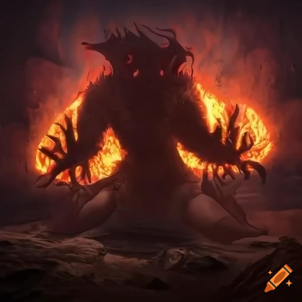 Illustration of a monster emerging from flames on Craiyon