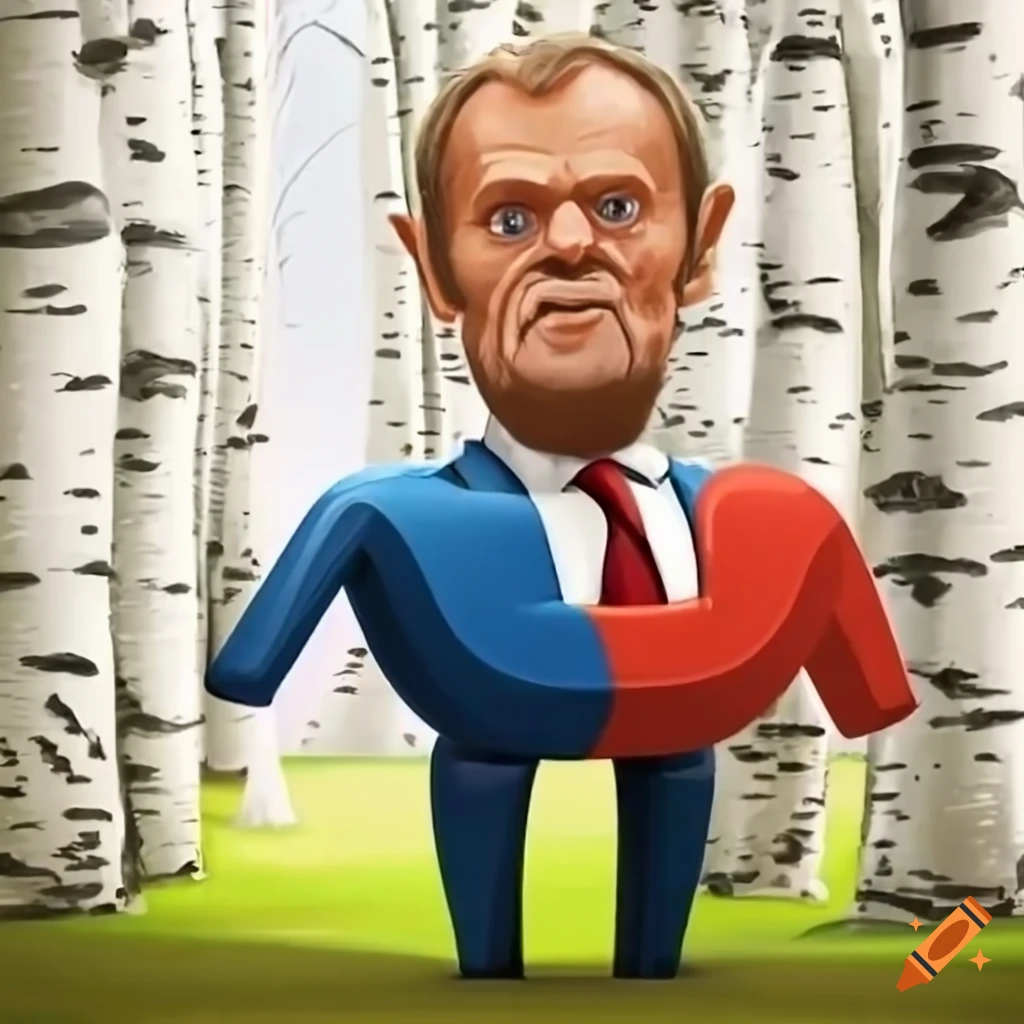 Cartoon depiction of donald tusk in a birch forest