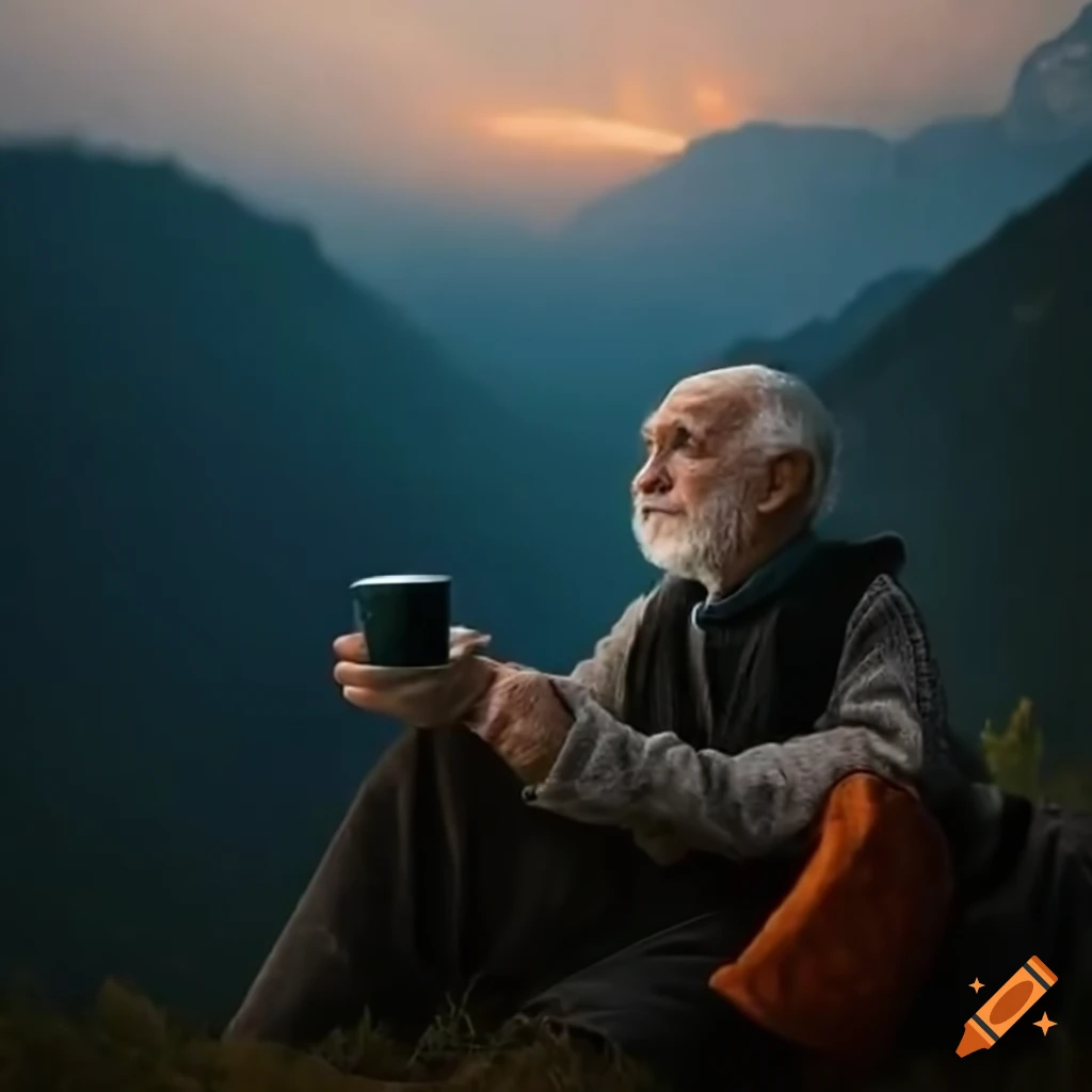 Senior man enjoying tea on a mountain
