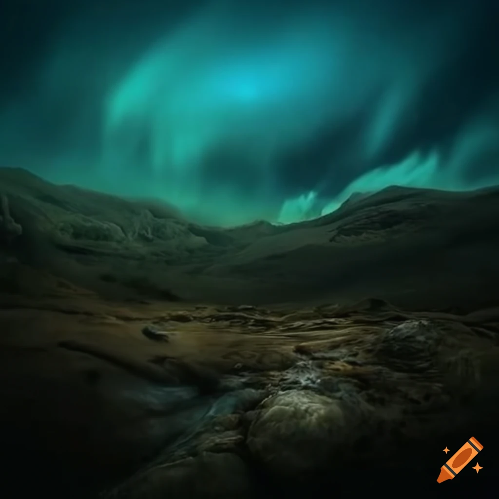 Volcanic ashy landscape with emerald lava rivers under an eerie smoky ...