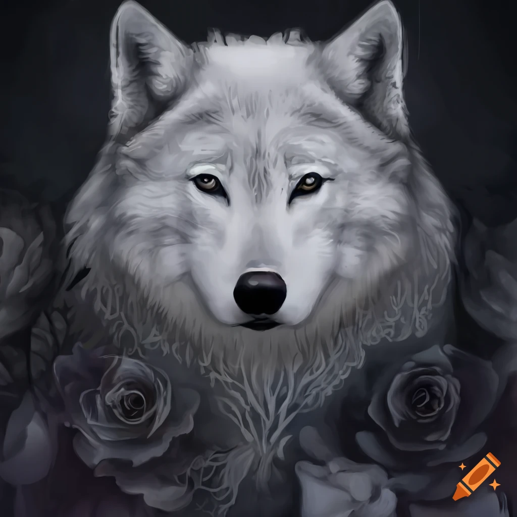 Artistic depiction of a white wolf with black roses on Craiyon
