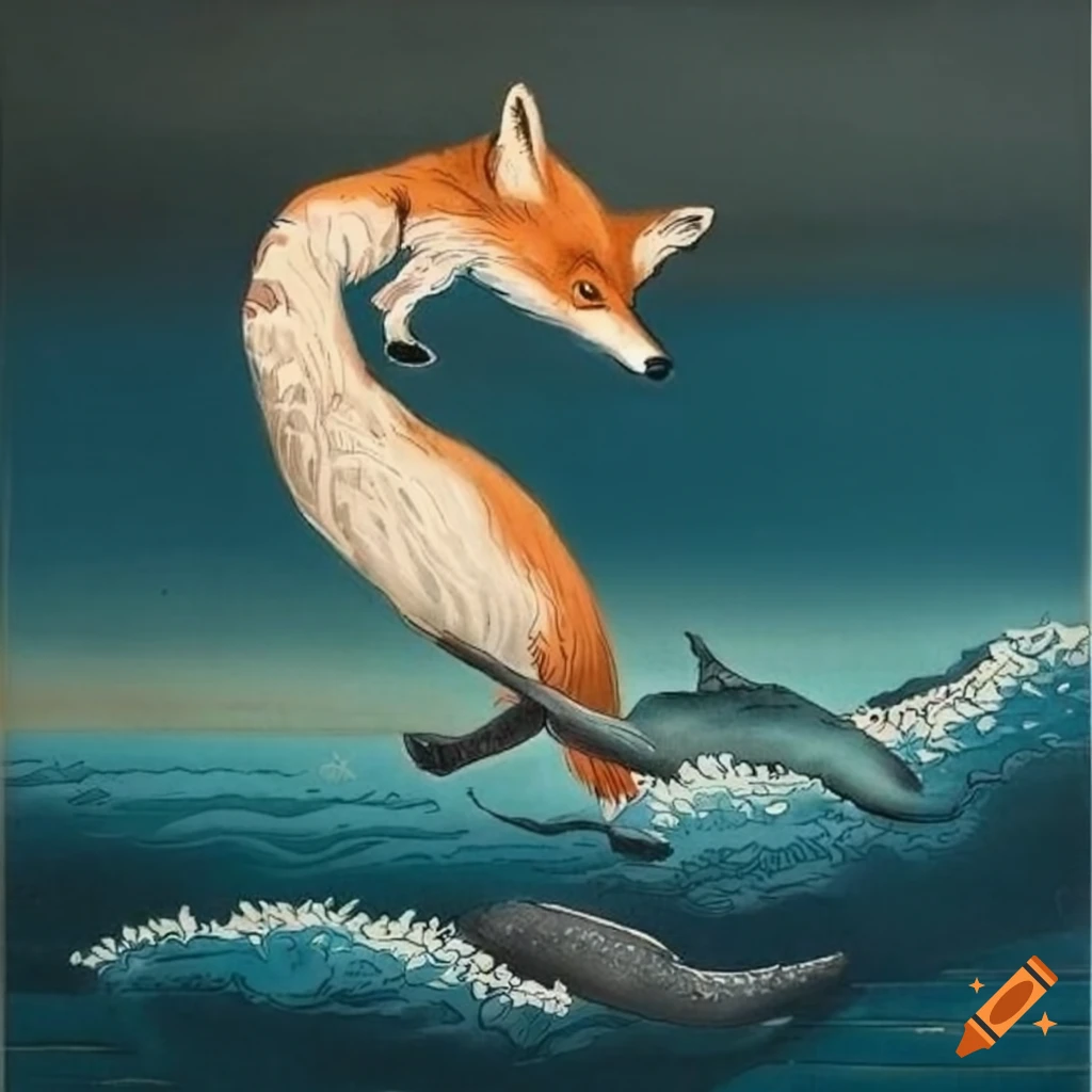 Ukiyo-e style artwork of a fox and whale fusion on Craiyon